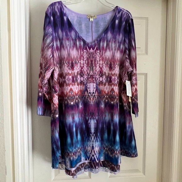 ONE WORLD | Tops | New One World Printed Knit 34 Sleeve Lace Bustle ...